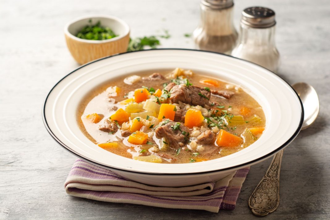 Beef, Guinness and barley soup